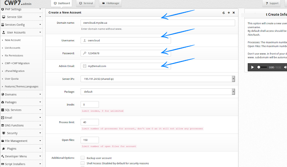 Установка и настройка ownCloud через панель управления Control Web Panel - Hostpro Wiki